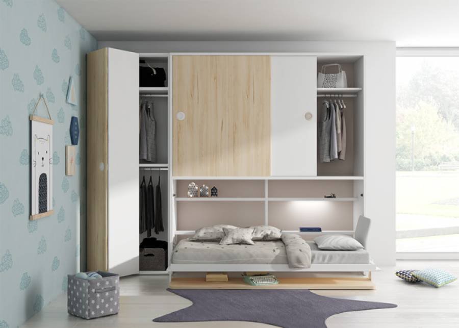 Horizontal folding bed with desk and upper wardrobe with sliding doors ...